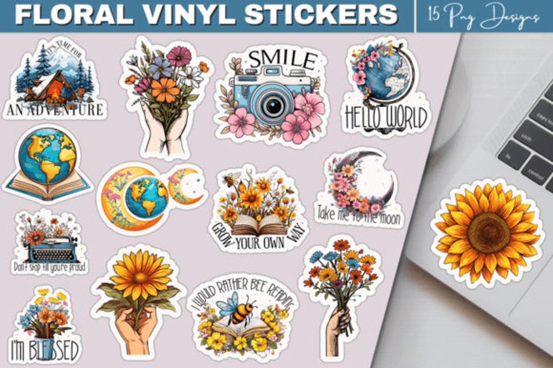 15 Floral Vinyl Stickers PNG, Bundle, Tshirt Design , POD , Laptop ...
