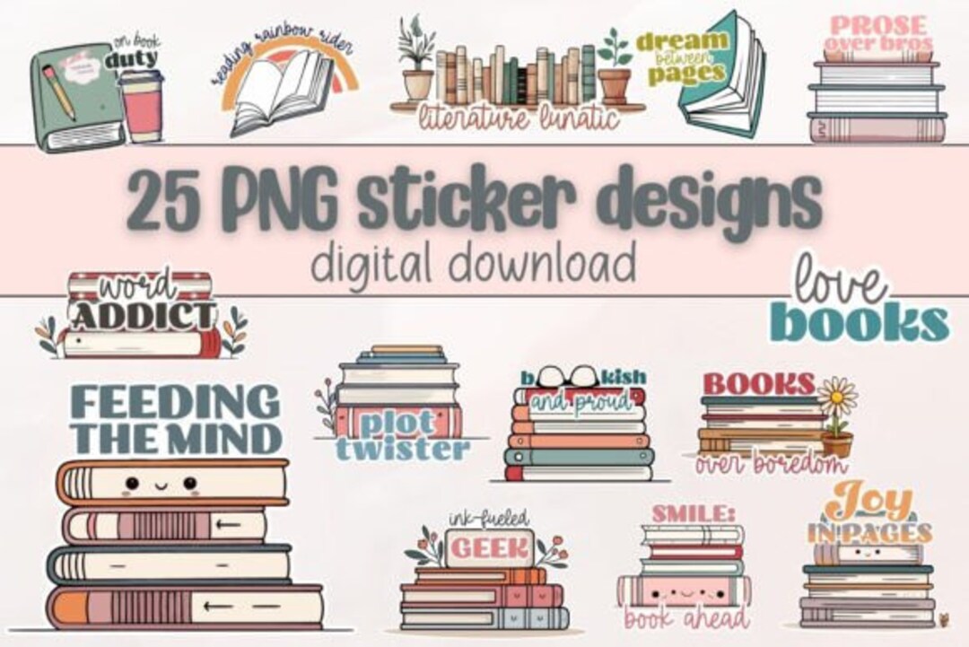 Bookish Reading Journal, Printable Book Lover Stickers PNG Stickers ...