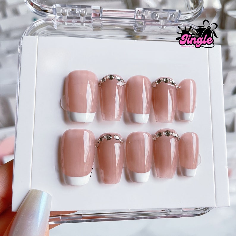 French Tip Long Square French Tips Press on Nails UK Stick on Nails ...