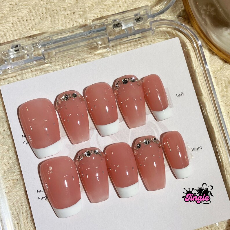 French Tip Long Square French Tips Press on Nails UK Stick on Nails ...