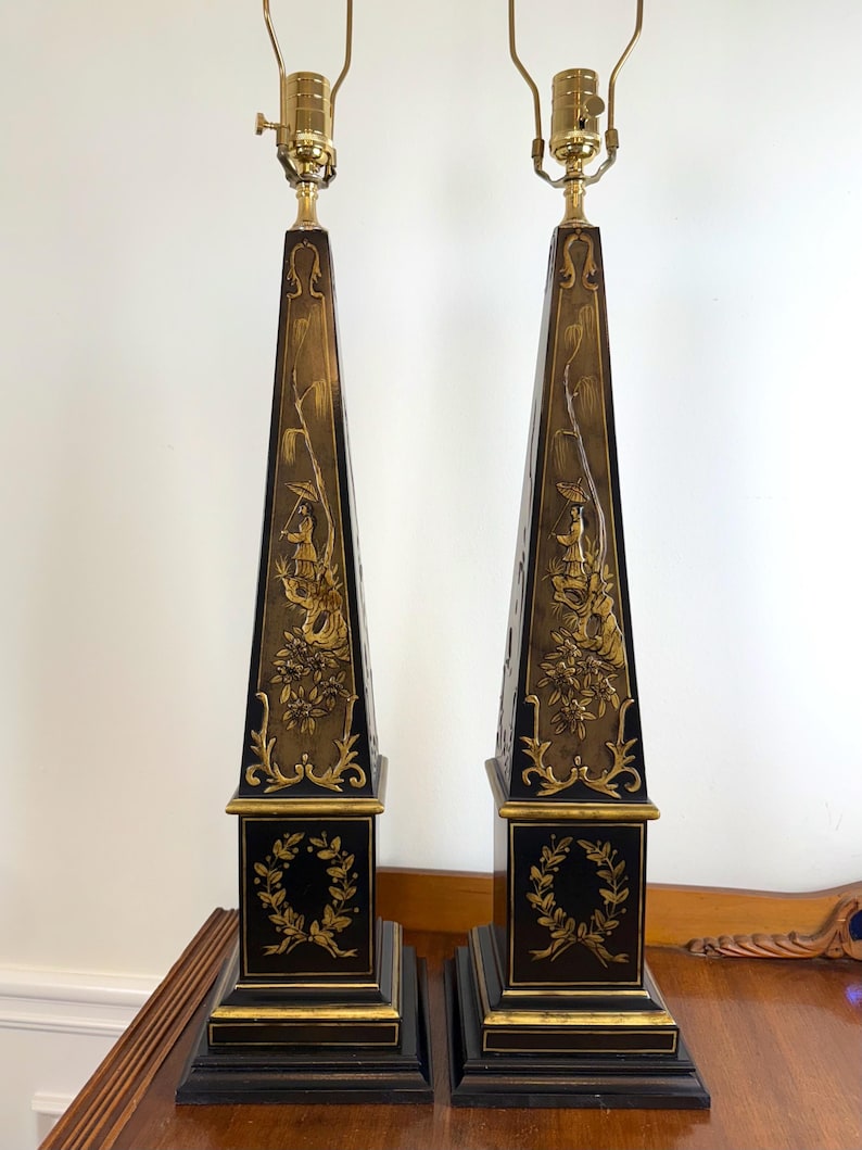Chinoiserie Obelisk Table Lamps, Black and Gold Tole Design, 38 1/4" - Etsy