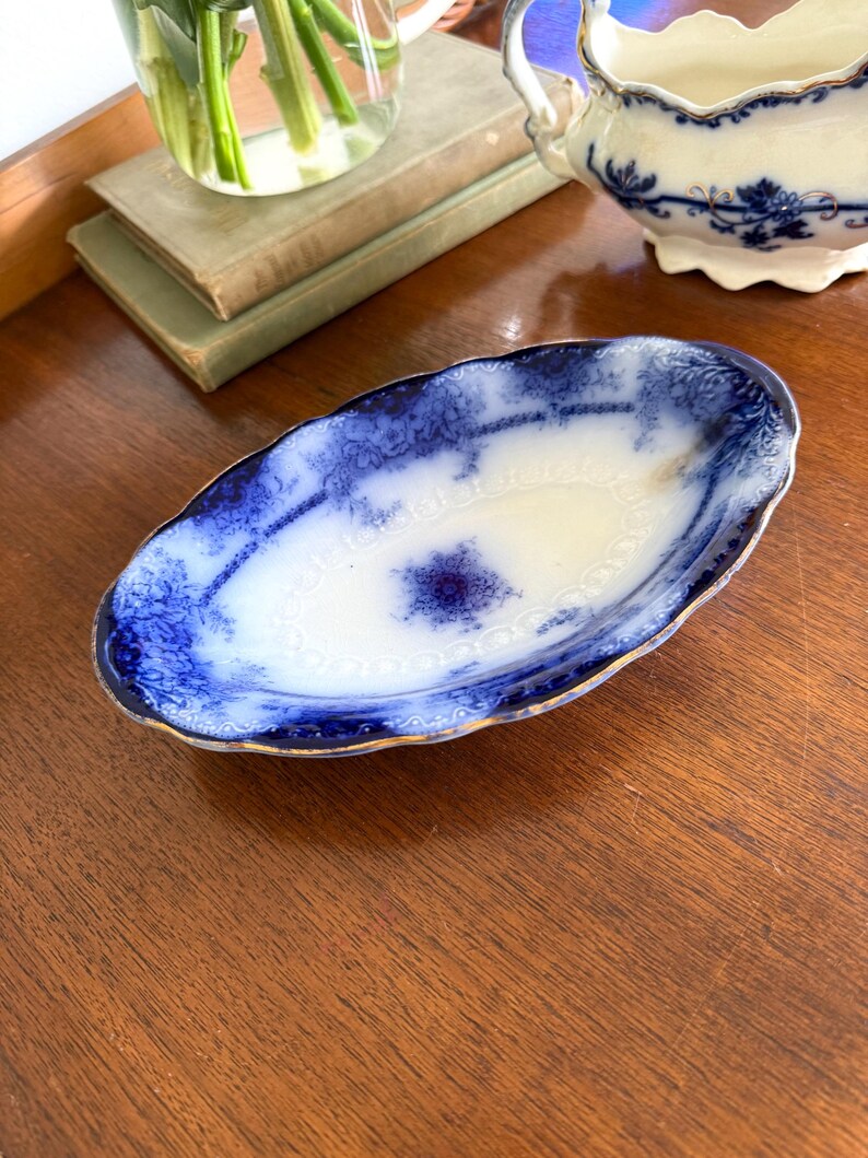 Antique Flow Blue Oval Plate: Alfred Meakin Kelvin Gold Accents - Etsy