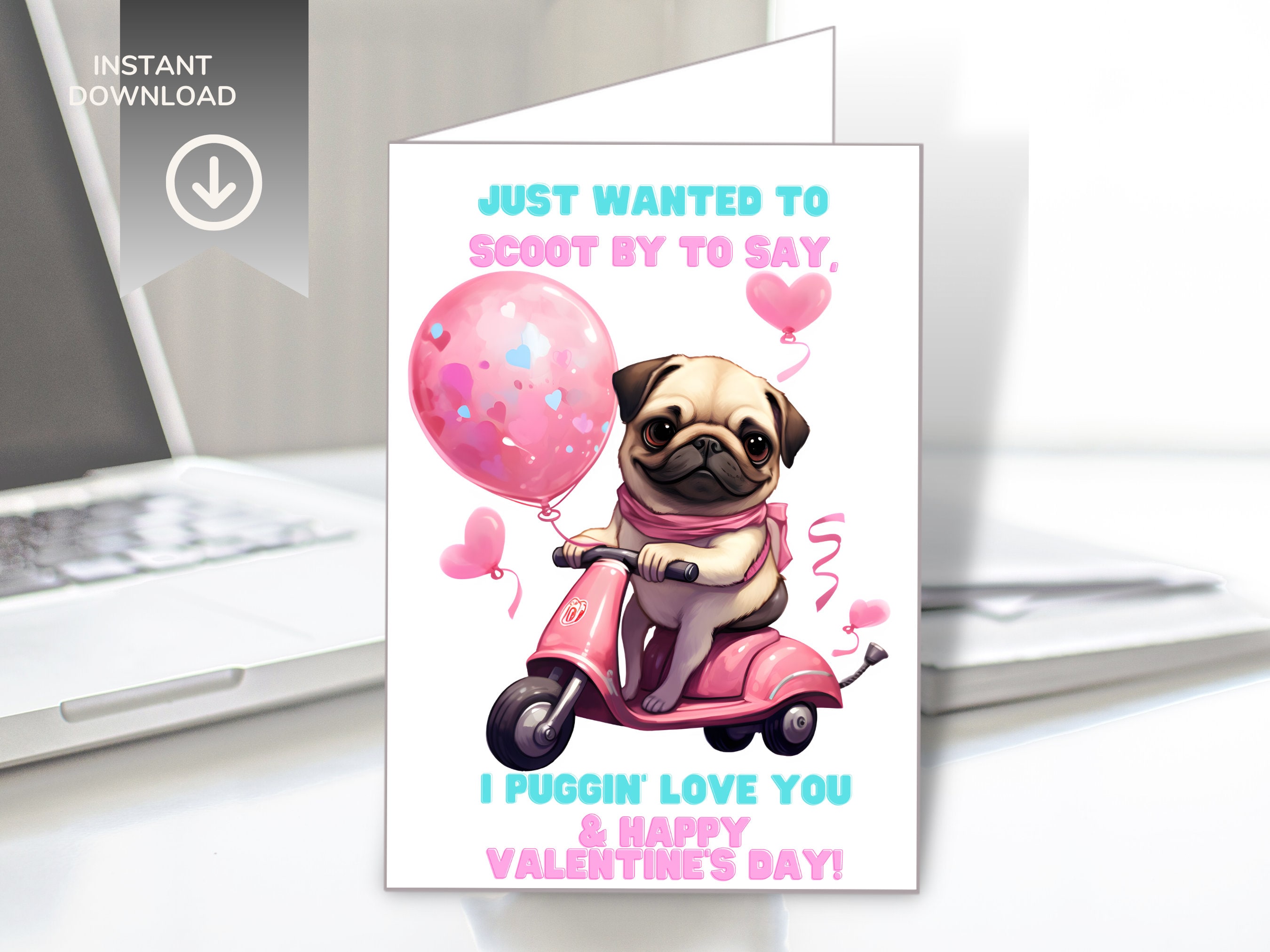 Digital Download Valentine's Card I Puggin Love You Pug Pup on a ...