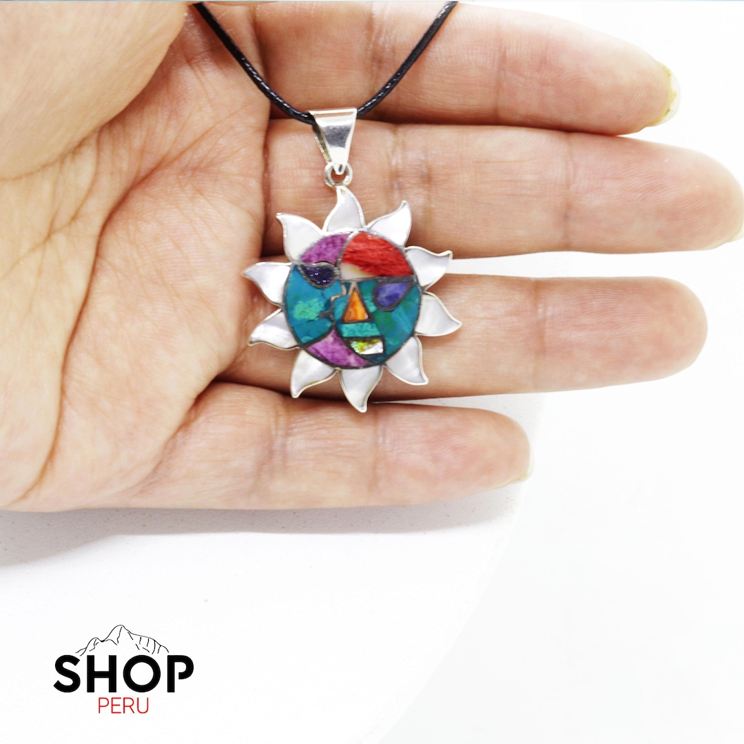 Sterling Silver Sun and Moon Pendant With Inlaid Gemstones – Handmade ...
