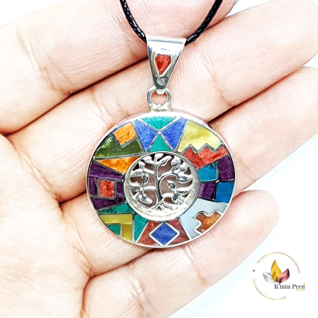 950 Silver Inca Calendar and Flower of Life Pendant With Natural Stones ...