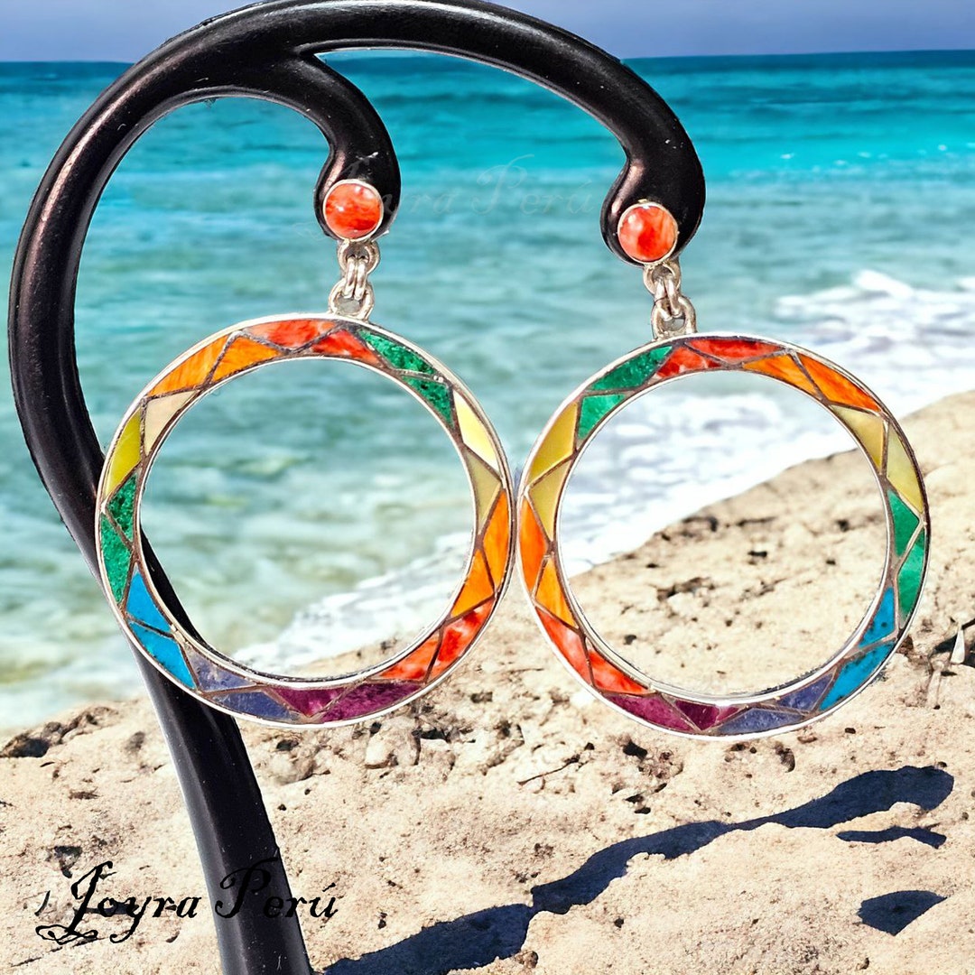 Inca Calendar Inspired Hoop Earrings - 950 Sterling Silver With Natural ...