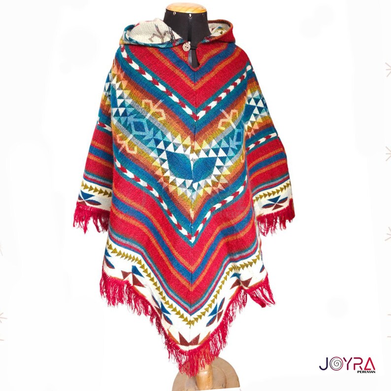 Traditional Peruvian Hooded Poncho With Fringe - Multicolor Ethnic ...