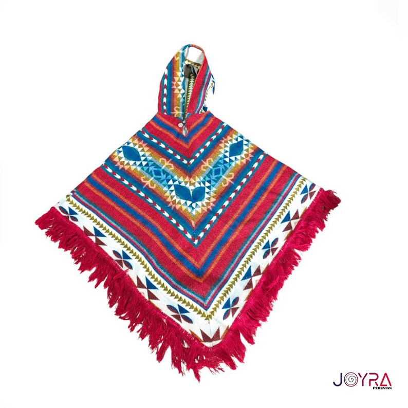Traditional Peruvian Hooded Poncho With Fringe - Multicolor Ethnic ...