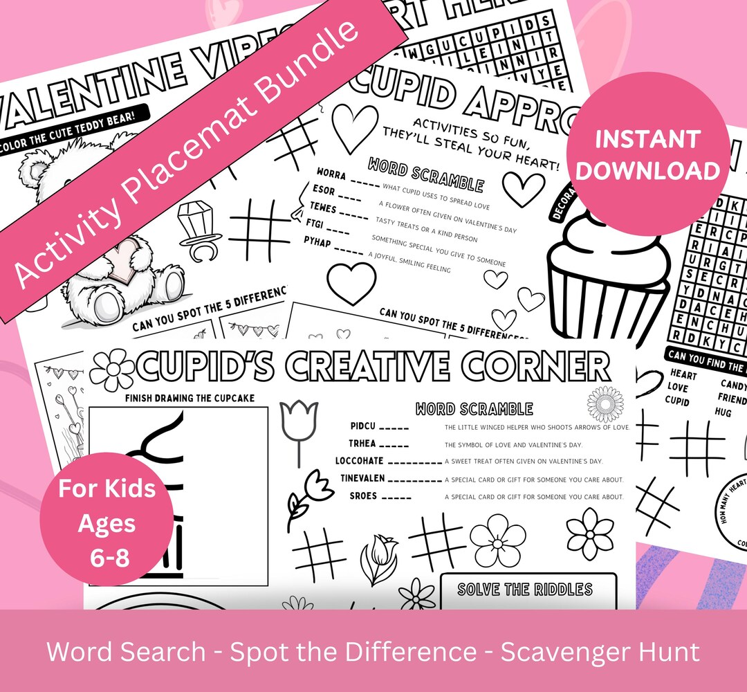 Valentine's Day Activity Placemat Bundle for Kids, Holiday Coloring ...
