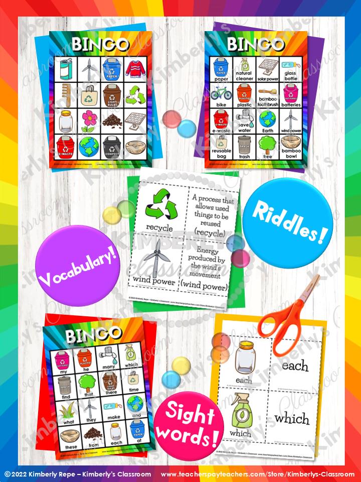 Earth Day and Recycling Bingo Game Activities - Sight Words, Pictures ...