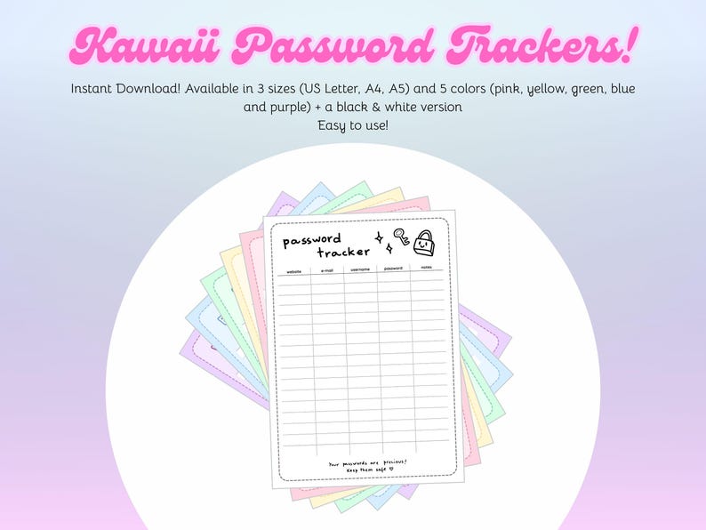 Kawaii Password Login Tracker, Printable Cute Password Log, Digital ...