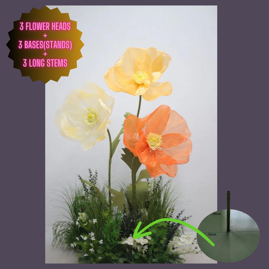 Large Poppy Flower 60cm Wide 3 Flowers With Bases and Stems Artificial ...