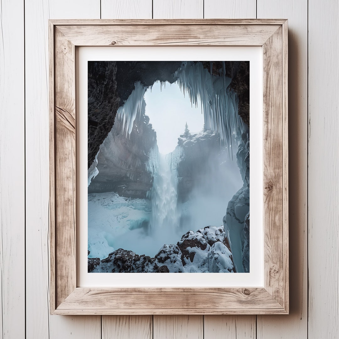 Icy Waterfall View From Cave Printable Art Digital Winter Landscape ...