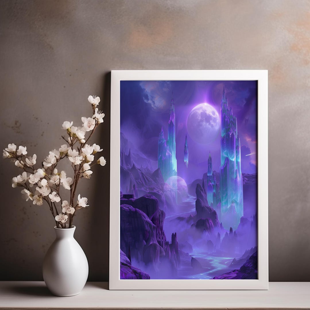 Surreal AI Art Print - Cyber Dreamscape With Crystal Spires and Twin ...