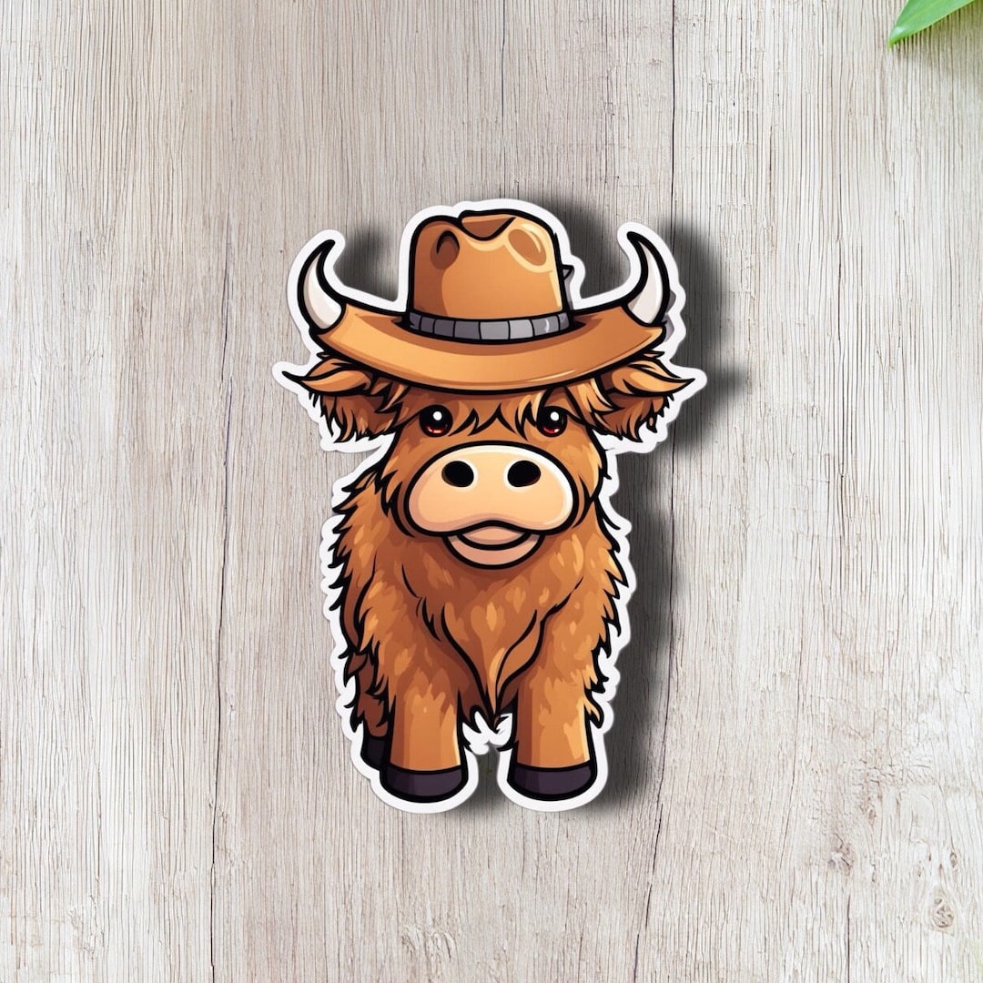 Cowboy Hat Highland Cow Vinyl Sticker, Highland Cow Sticker for Laptops ...