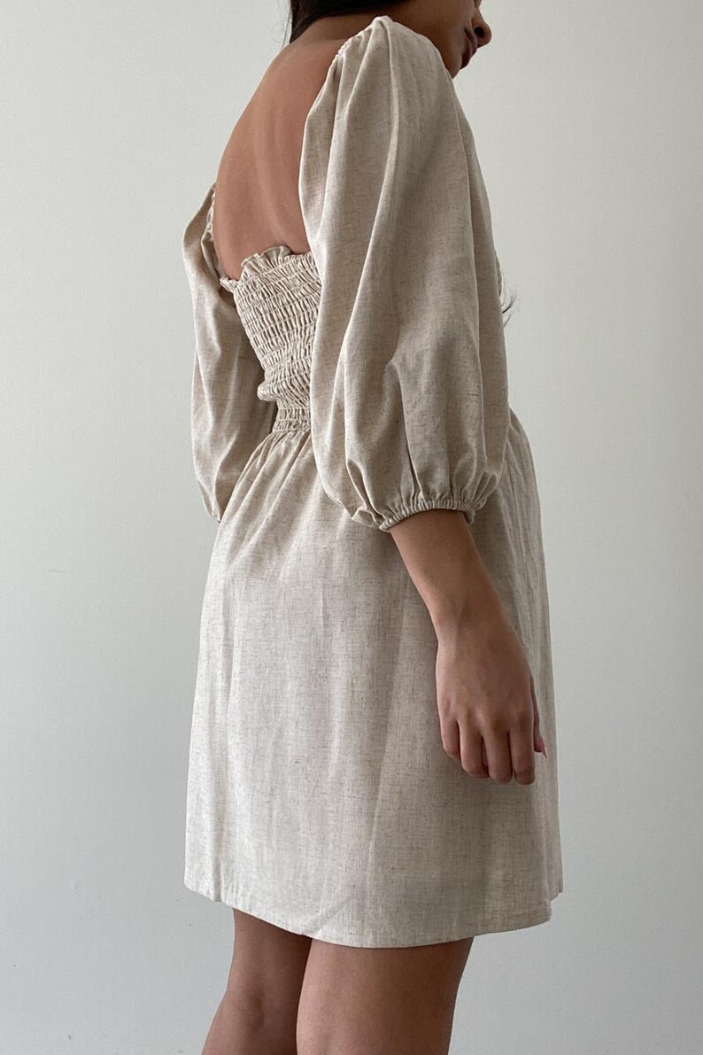3/4 Puff Sleeve Linen Smocked Dress - Etsy