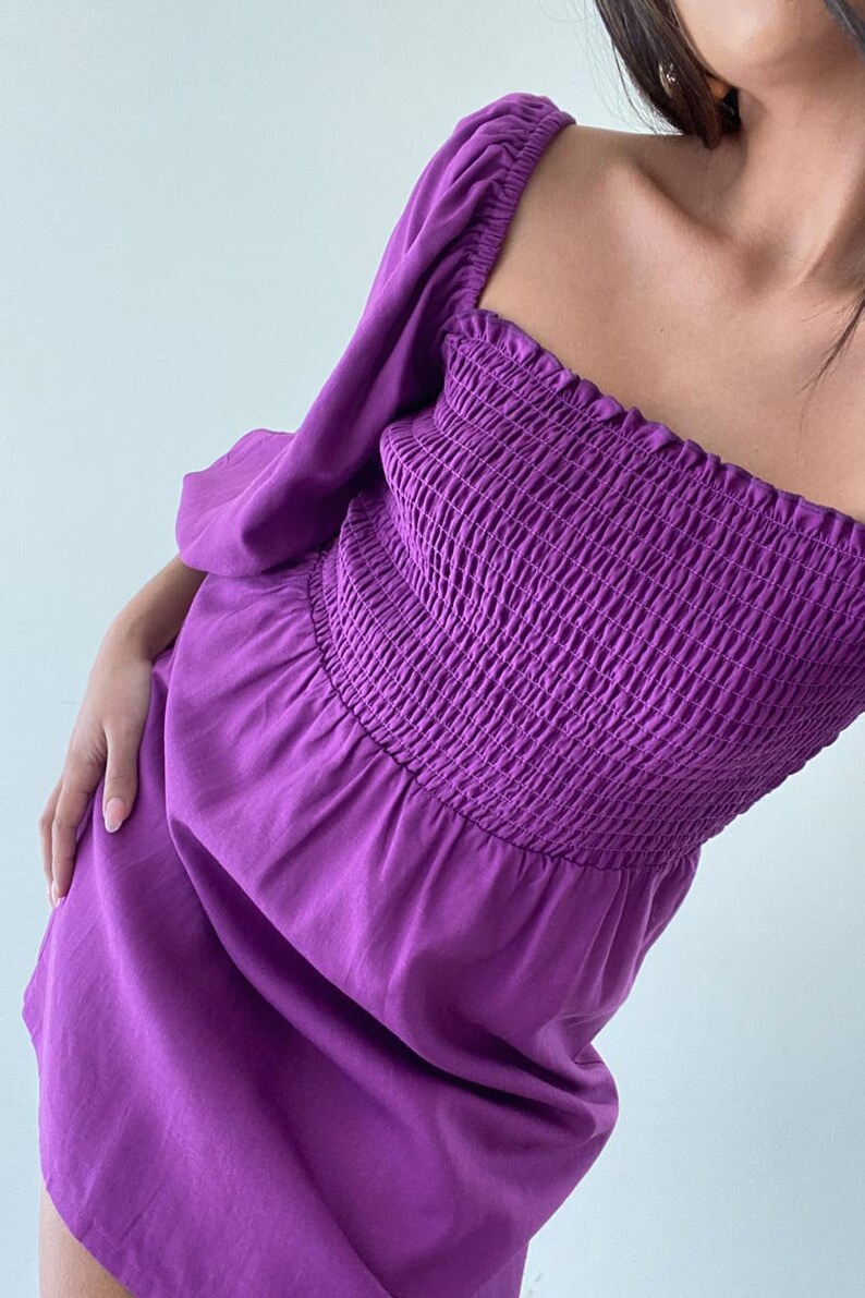 3/4 Puff Sleeve Linen Smocked Dress - Etsy