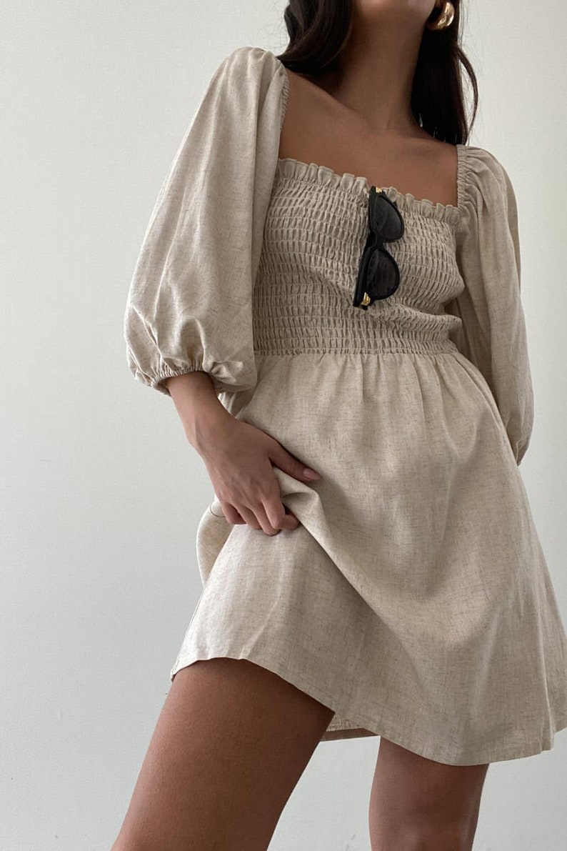 3/4 Puff Sleeve Linen Smocked Dress - Etsy