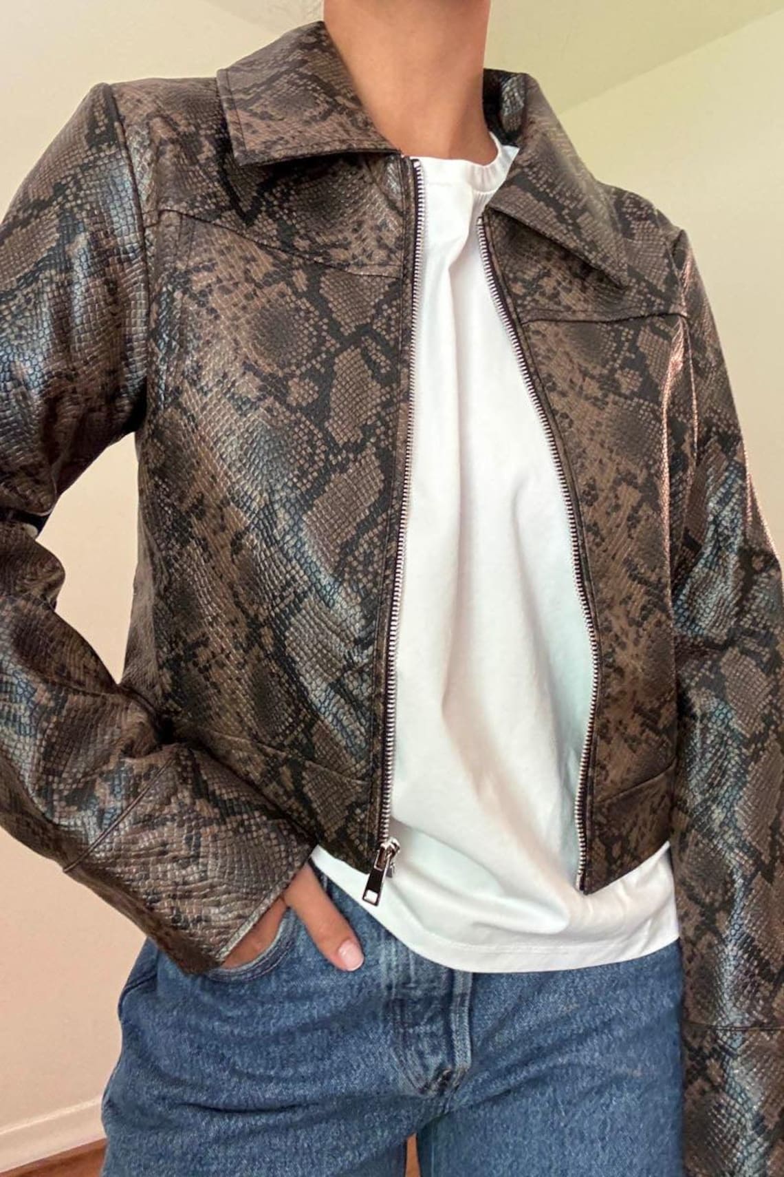 Snake Faux Leather Cropped Jacket - Etsy