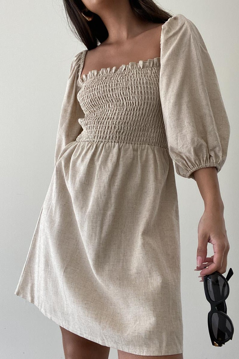 3/4 Puff Sleeve Linen Smocked Dress - Etsy