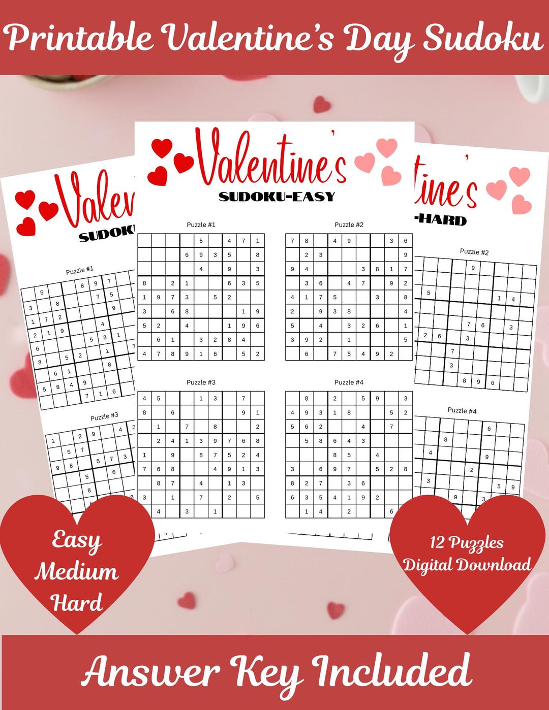Valentine's Day Sudoku Puzzles | Easy, Medium, Hard | Digital Download ...