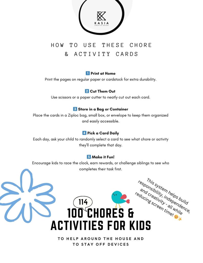 100 Chores and Activities for Kids | Printable Chore Cards, Stay off ...