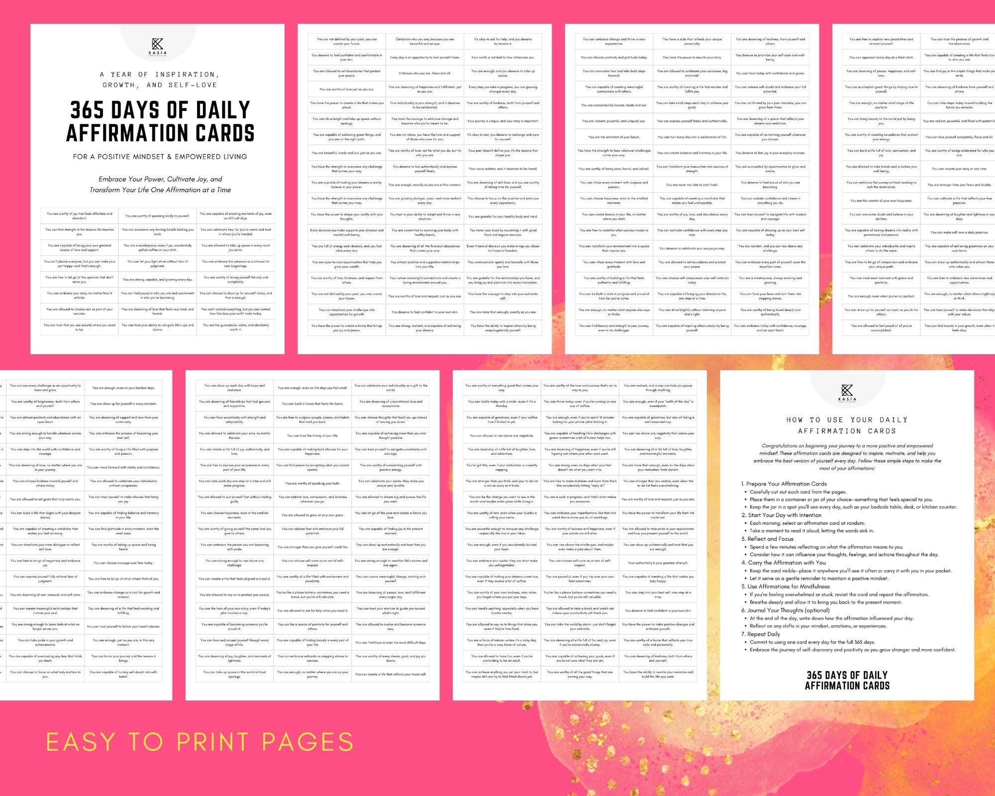 365 Daily Affirmation Cards | Printable Positive Affirmations | Self ...
