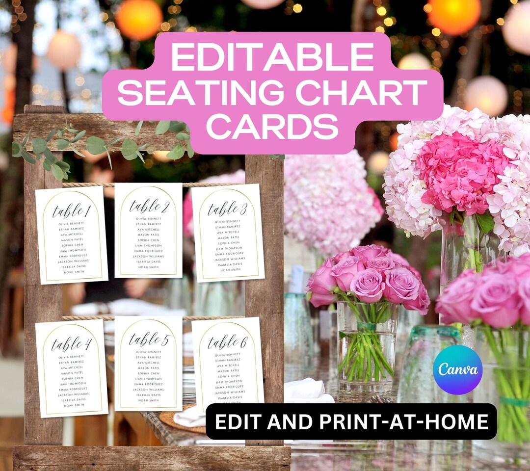 Editable 5x7 Wedding Seating Chart Cards – Gold Frame Seating Plan ...