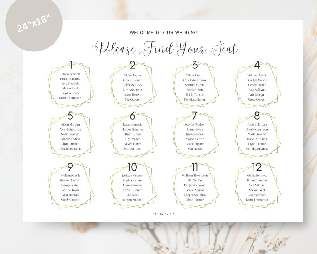 Wedding Seating Chart, 24" X 18" 12 Tables With 6 Guests at Each Table ...