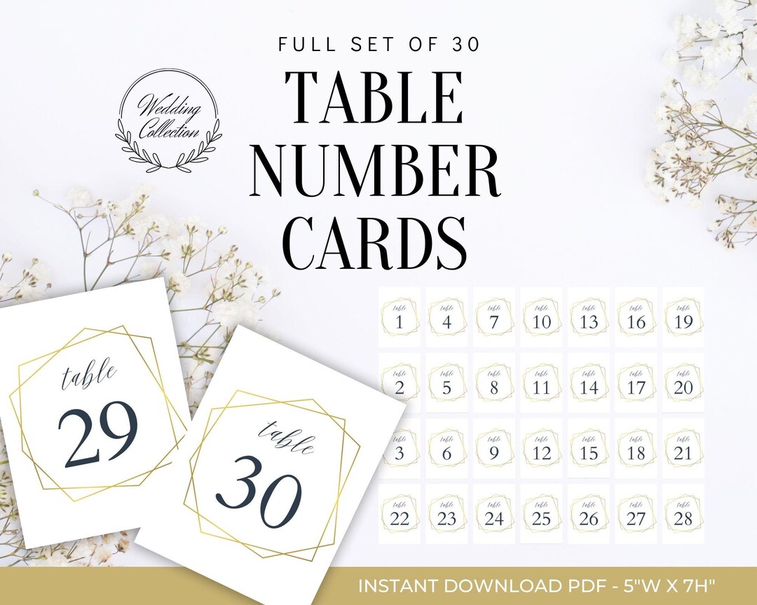Table Number Cards 1-30 - Gold Frame Design - Perfect for Weddings ...