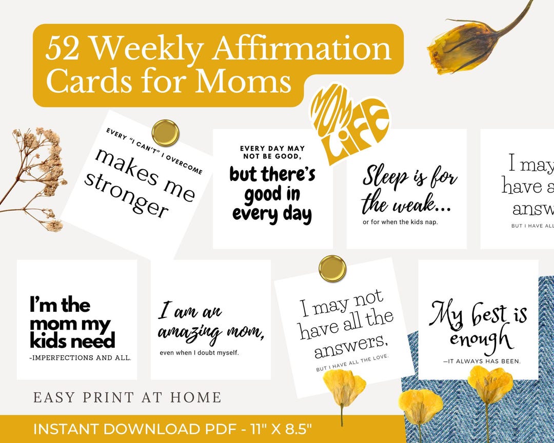 Printable Affirmation Cards for Moms | 52 Weekly Positive Quotes, Self ...