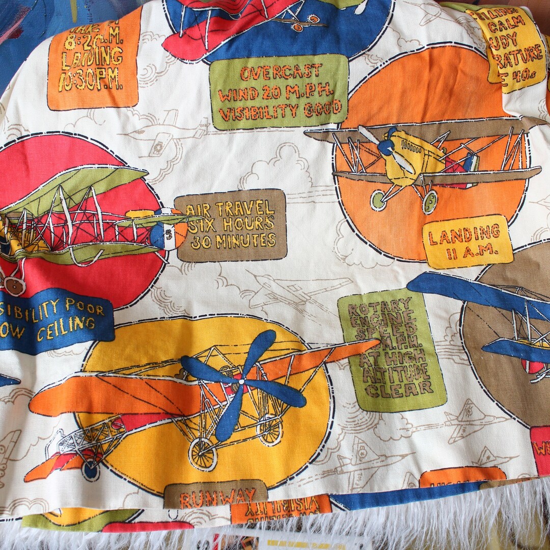 Vintage Airplane Curtain Panel, Colorful Biplane Print With Pinch ...