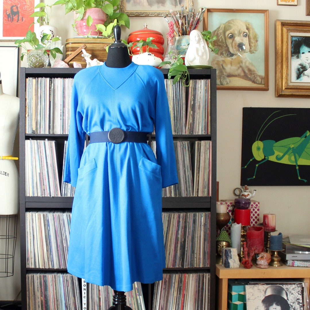 Blue Vintage 80s Swing Dress, Wide A-line Sweep, Shoulder Pads, Raglan ...