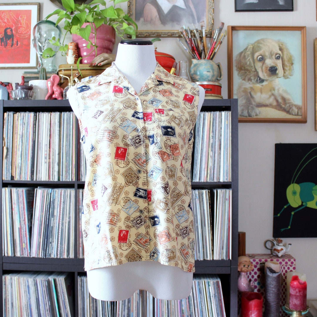Vintage Novelty Print Postage Stamp Blouse, Rayon Sleeveless Top, Liz ...