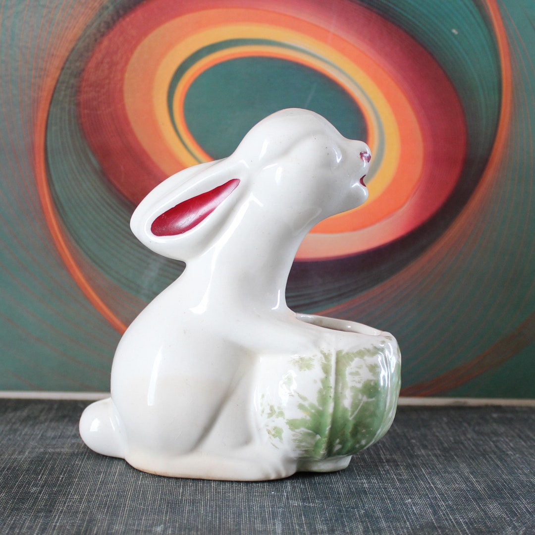 Vintage UHL Pottery Bunny Rabbit Planter or Pencil Holder, White With ...