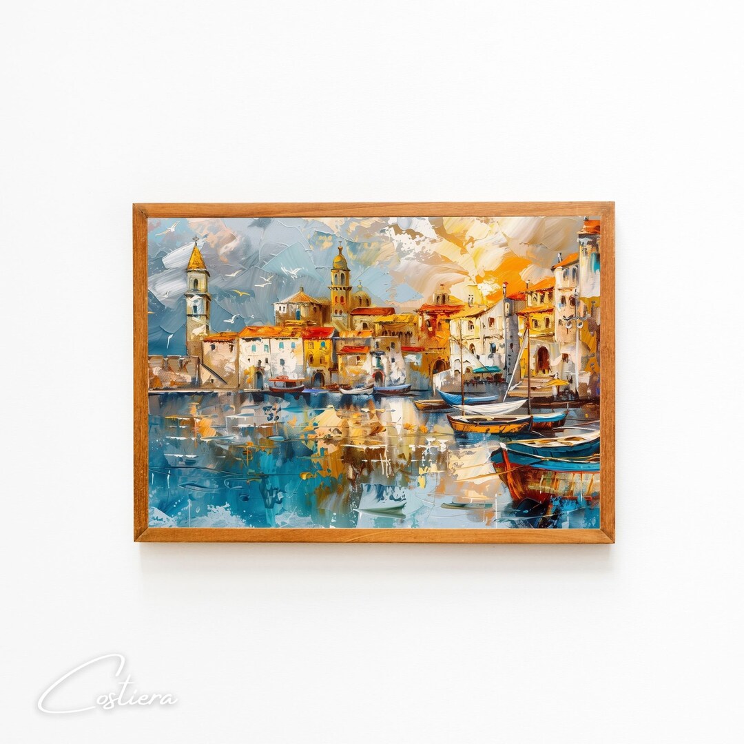 City Harbor Docked Boats Painting Church Townscape Artwork Sea Port ...