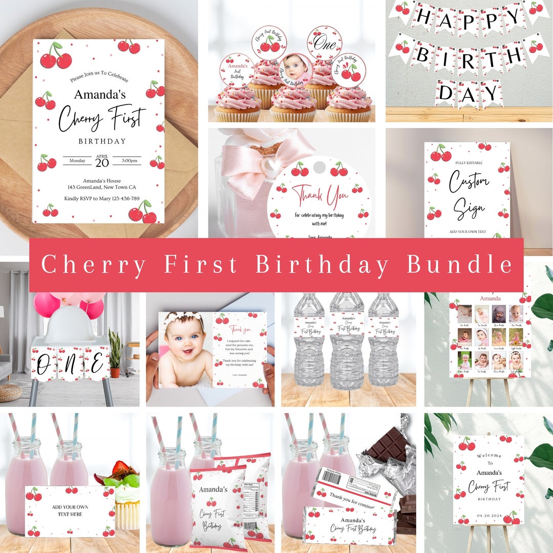 Editable Cherry First Birthday Party Bundle Cherry 1st Birthday ...