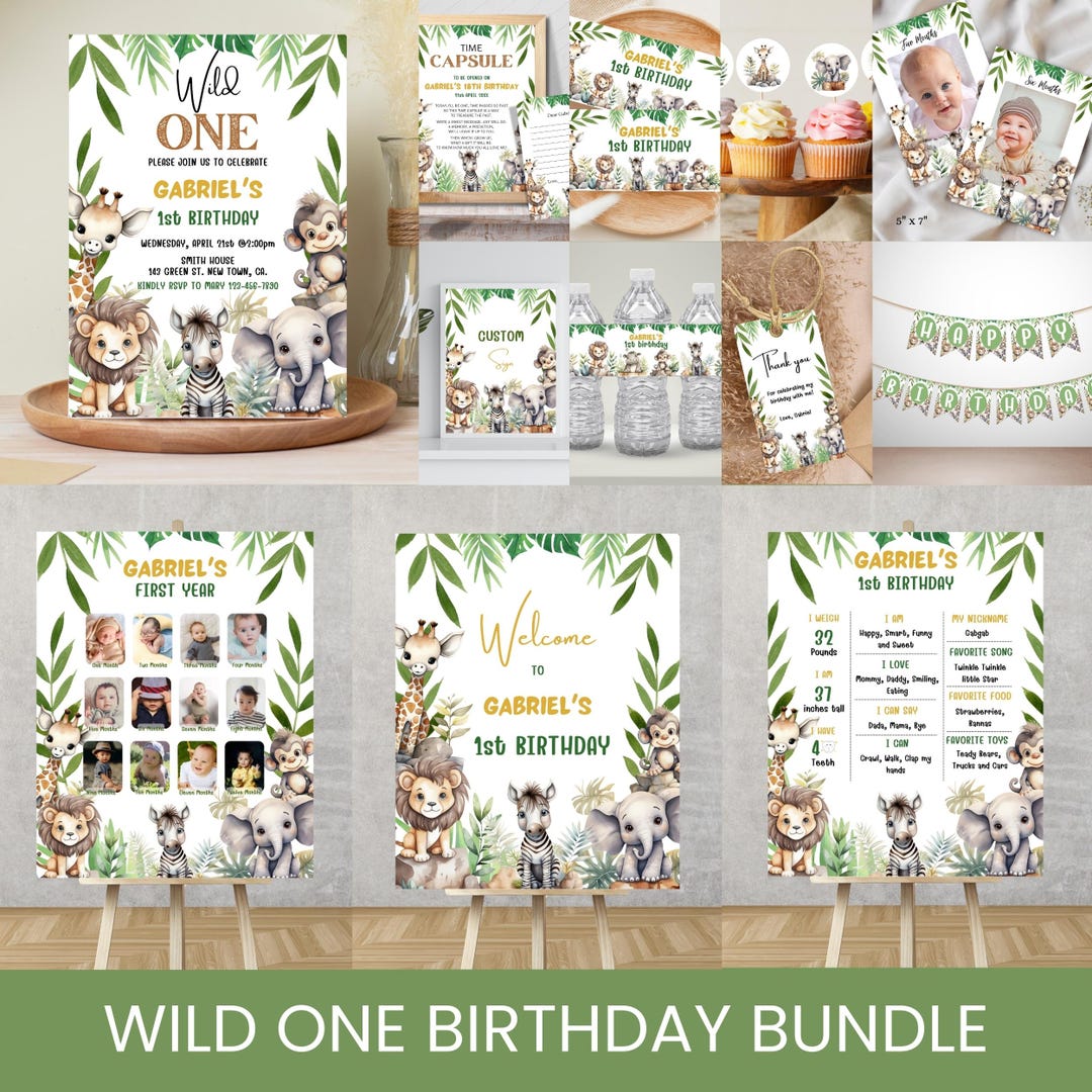 Wild One First Birthday Party Bundle Editable Safari Animals Party ...