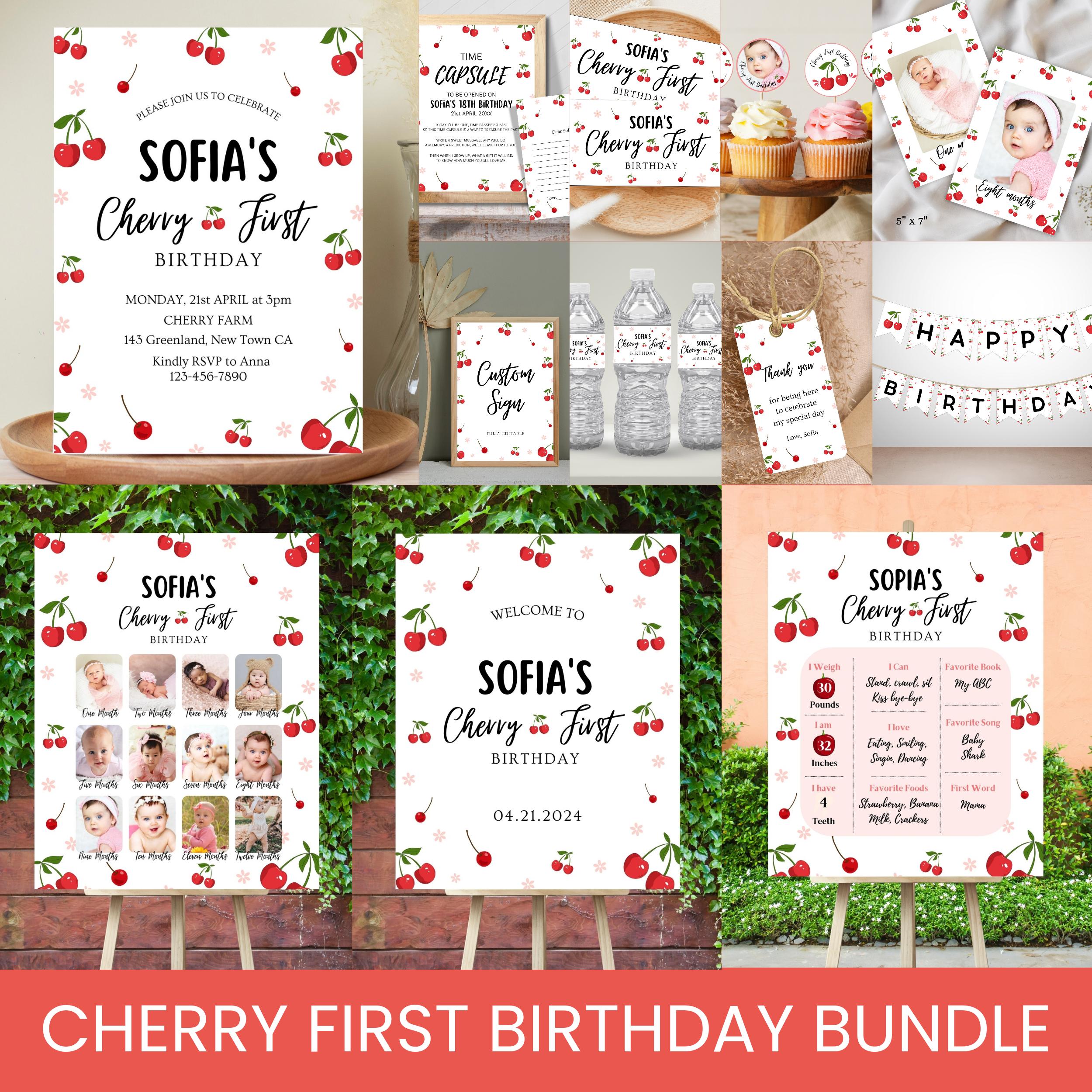 Editable Cherry First Birthday Party Bundle Cherry 1st Birthday ...