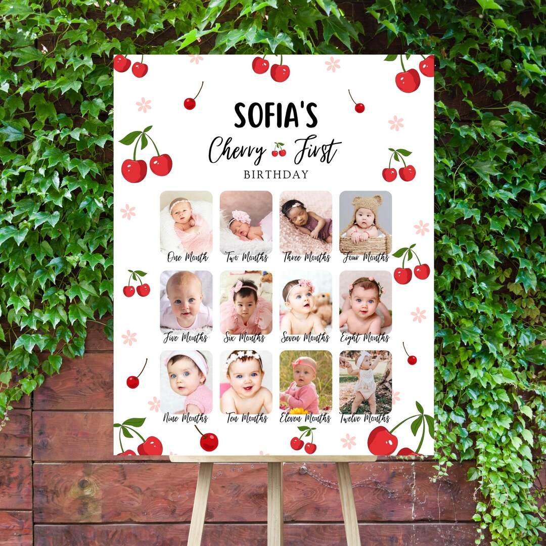 Cherry First Birthday Photo Milestone Board 12 Months Photo Collage ...