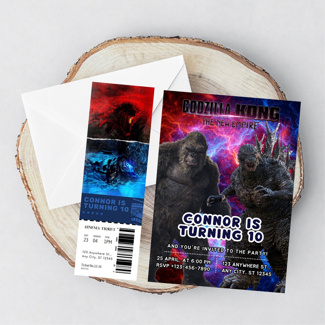 Godzilla X Kong Birthday Invitation Movie Ticket Style Invite King Long ...
