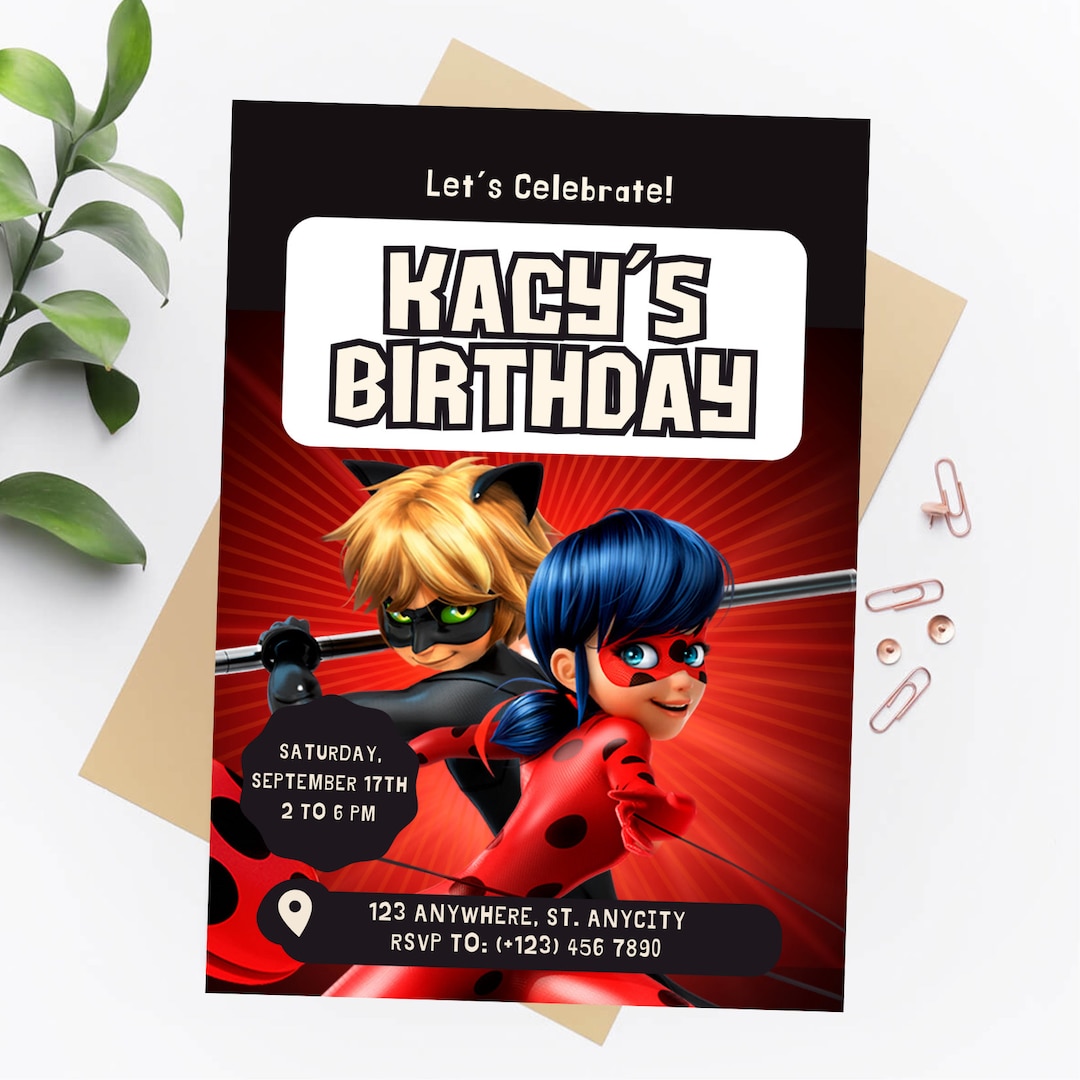 Miraculous Invitation Lady and Cat Marinette Birthday Invite Ladybug ...