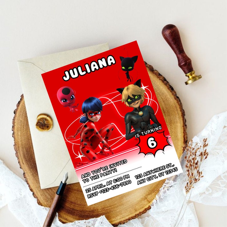 Lady Bug Invitation Lady and Cat Marinette Birthday Party Invite ...