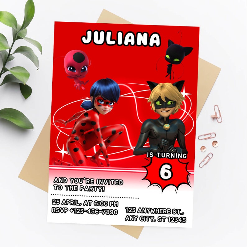 Lady Bug Invitation Lady and Cat Marinette Birthday Party Invite ...