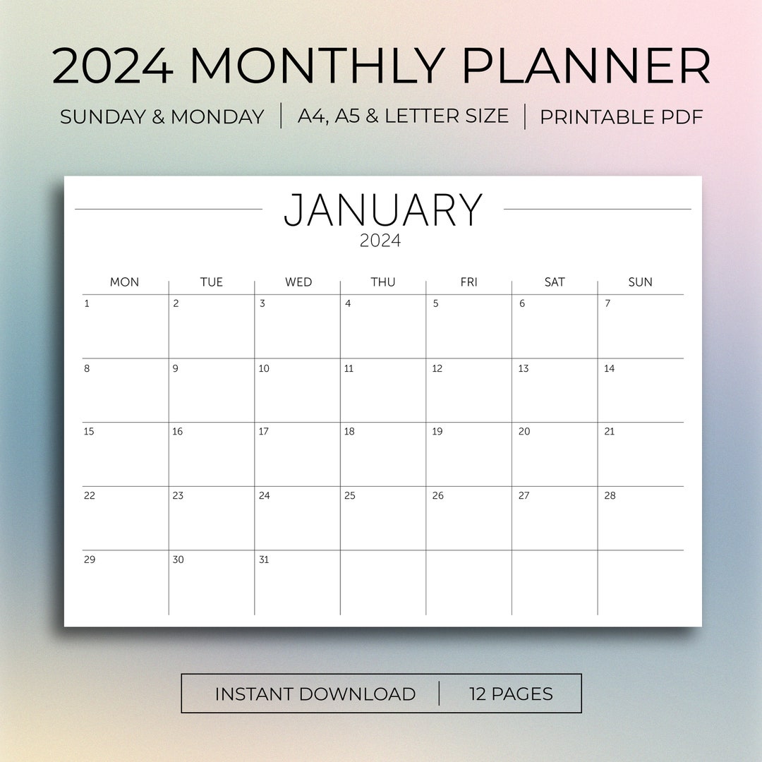 2024 Monthly Planner Printable I 2024 Calendar I Monday & Sunday Start ...