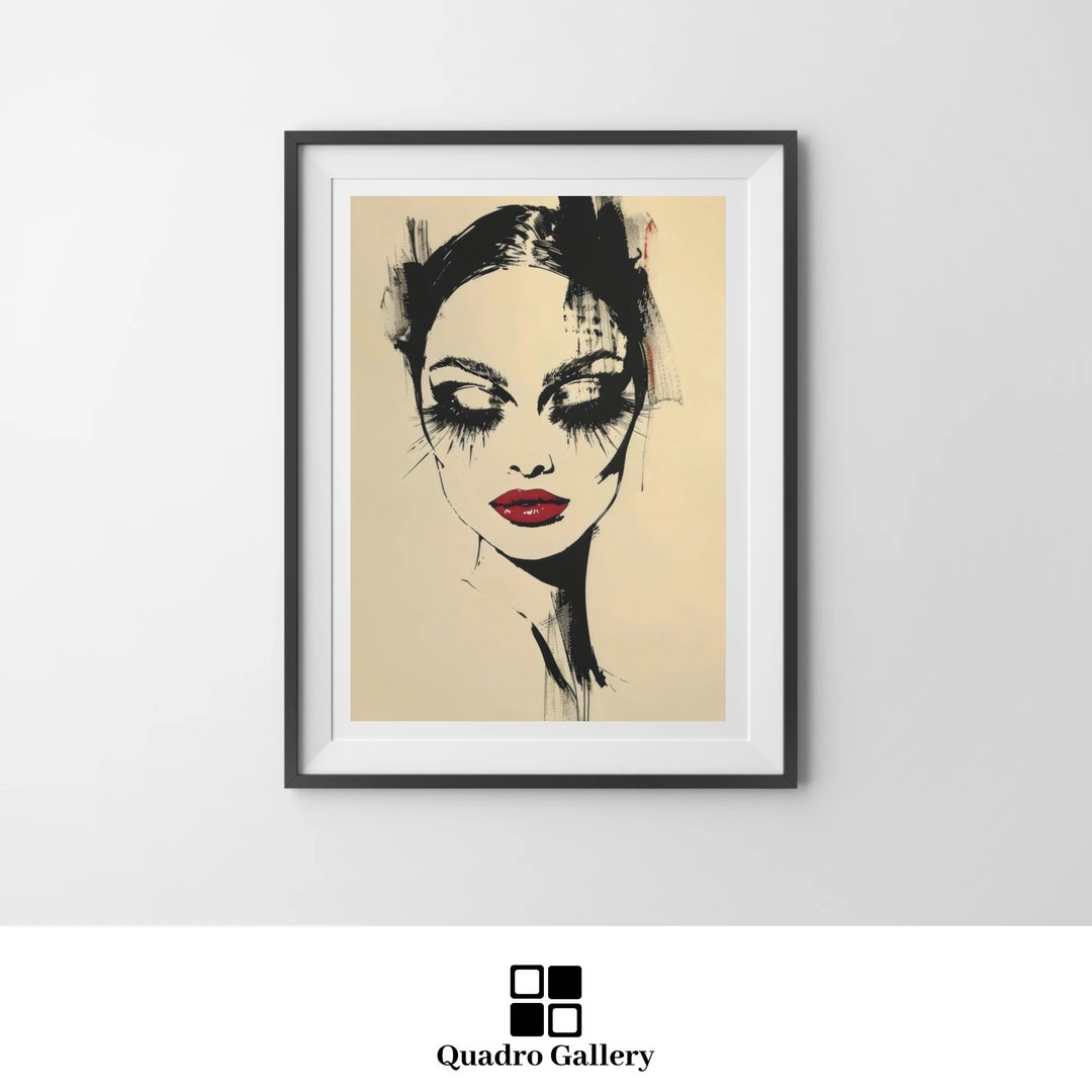 Fashion Illustration Wall Art Dramatic Woman Portrait Red Lips Beauty ...