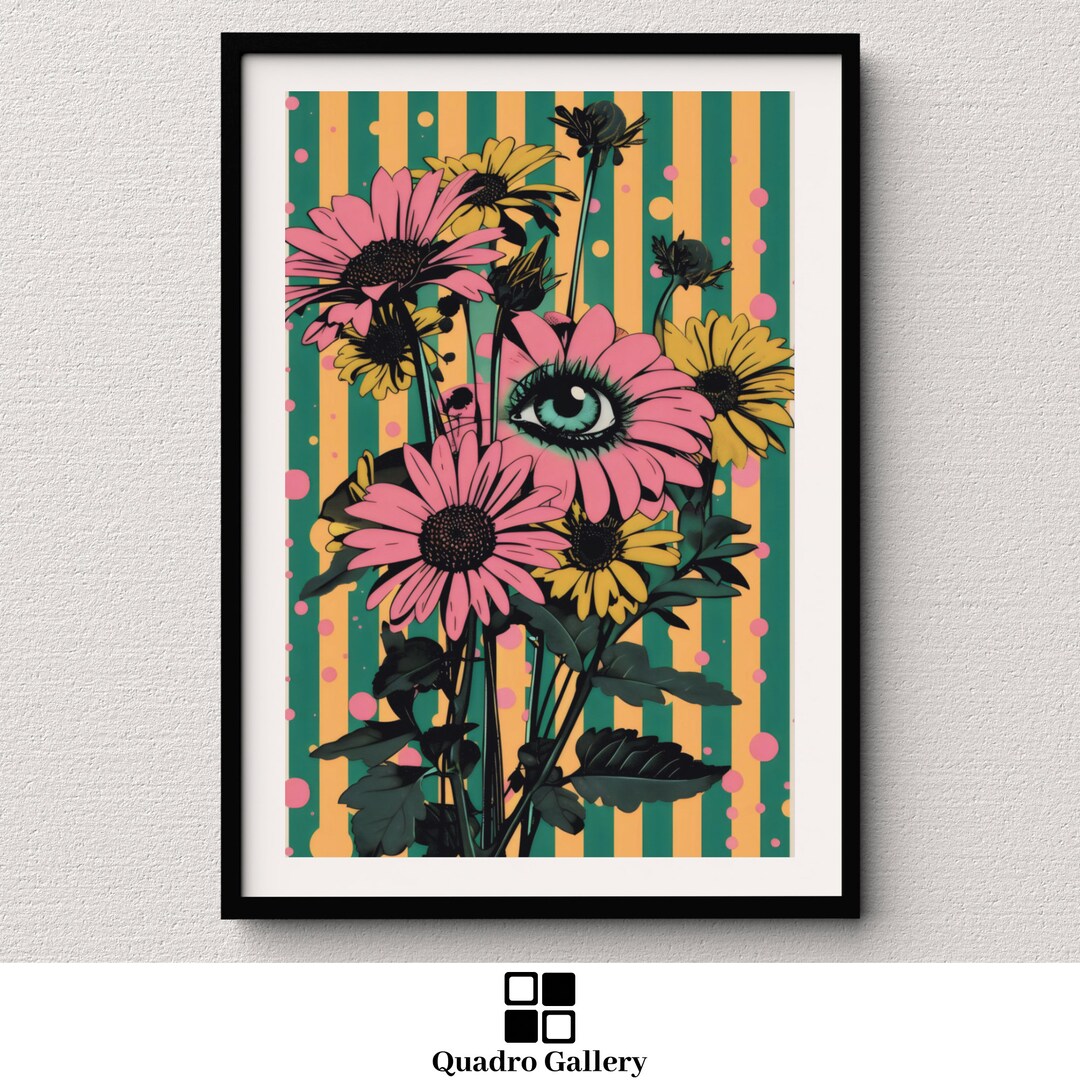 Printable Whimsical Eye Art Vibrant Floral Digital Print Pink Yellow ...