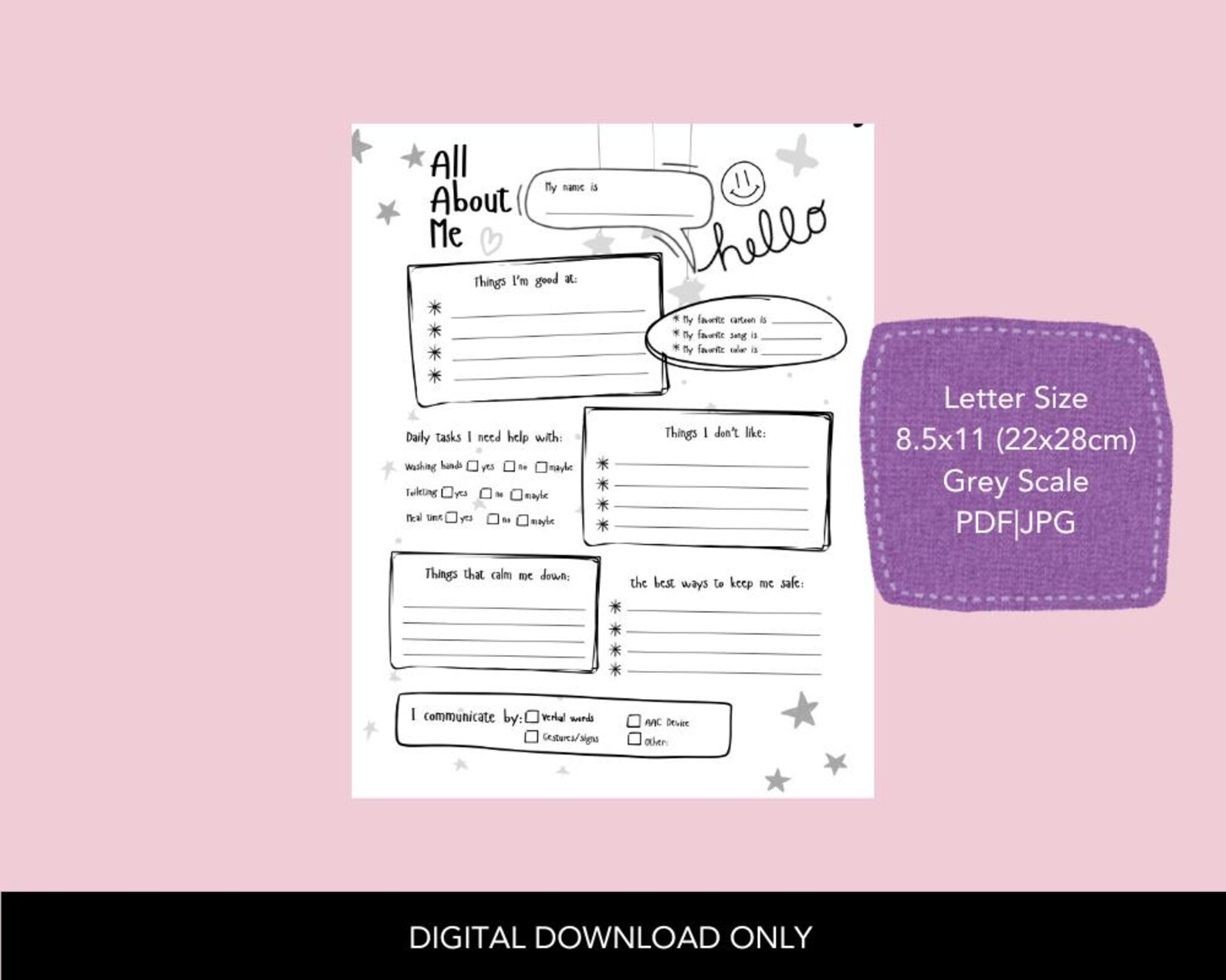 All About Me Printable, Special Needs, ASD, ADHD One Page Profile ...