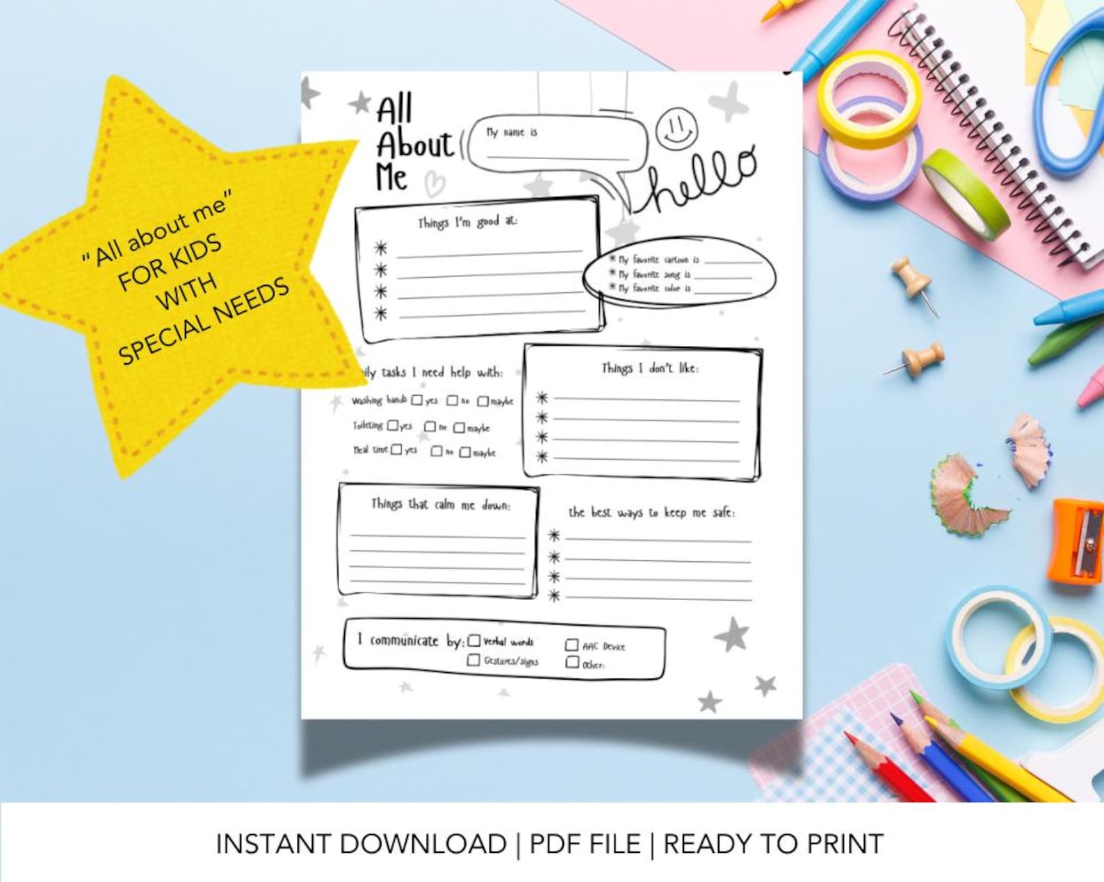 All About Me Printable, Special Needs, ASD, ADHD One Page Profile ...