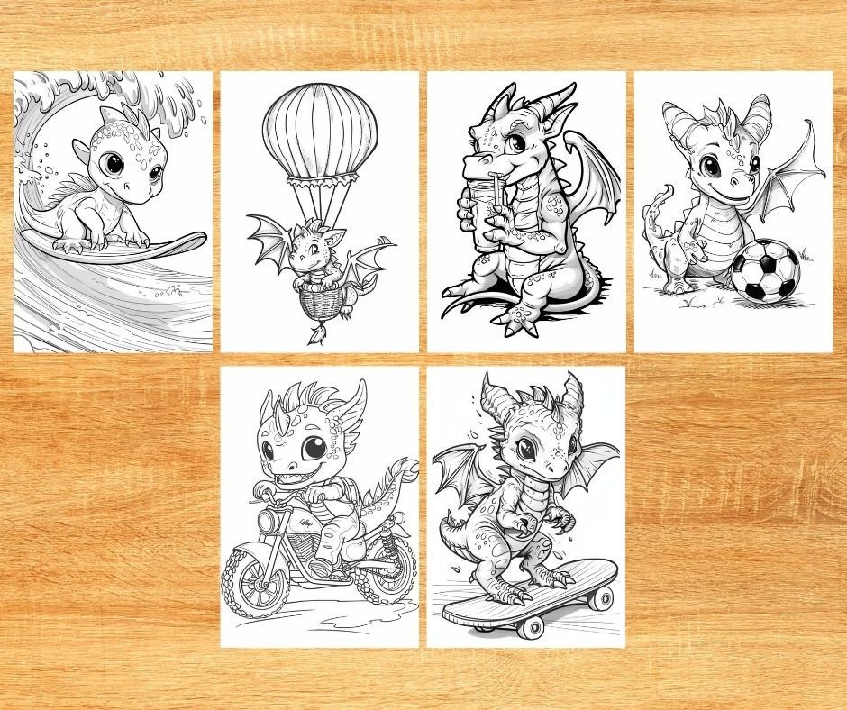30 Baby Dragon Fantasy Coloring Page Book, Grayscale Coloring Page ...